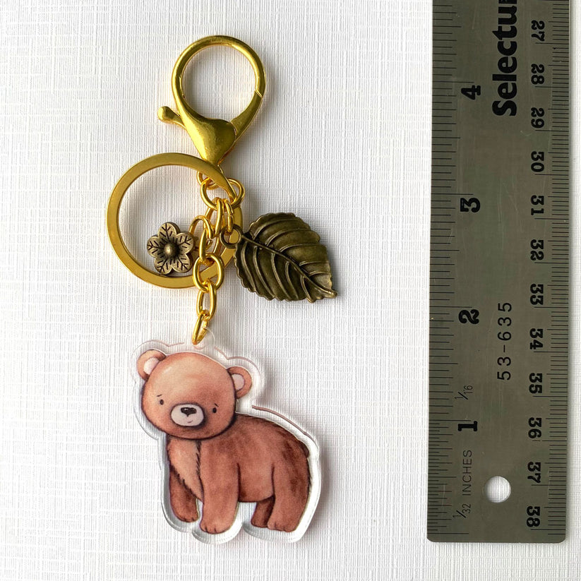 Cute Bear Keychain with Acrylic Charm, Leaf Accent and Gold Clasp ...